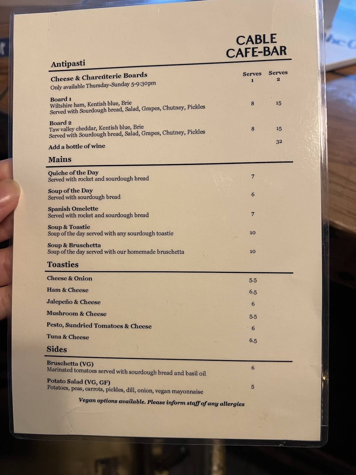 Menu at Cable Cafe, London