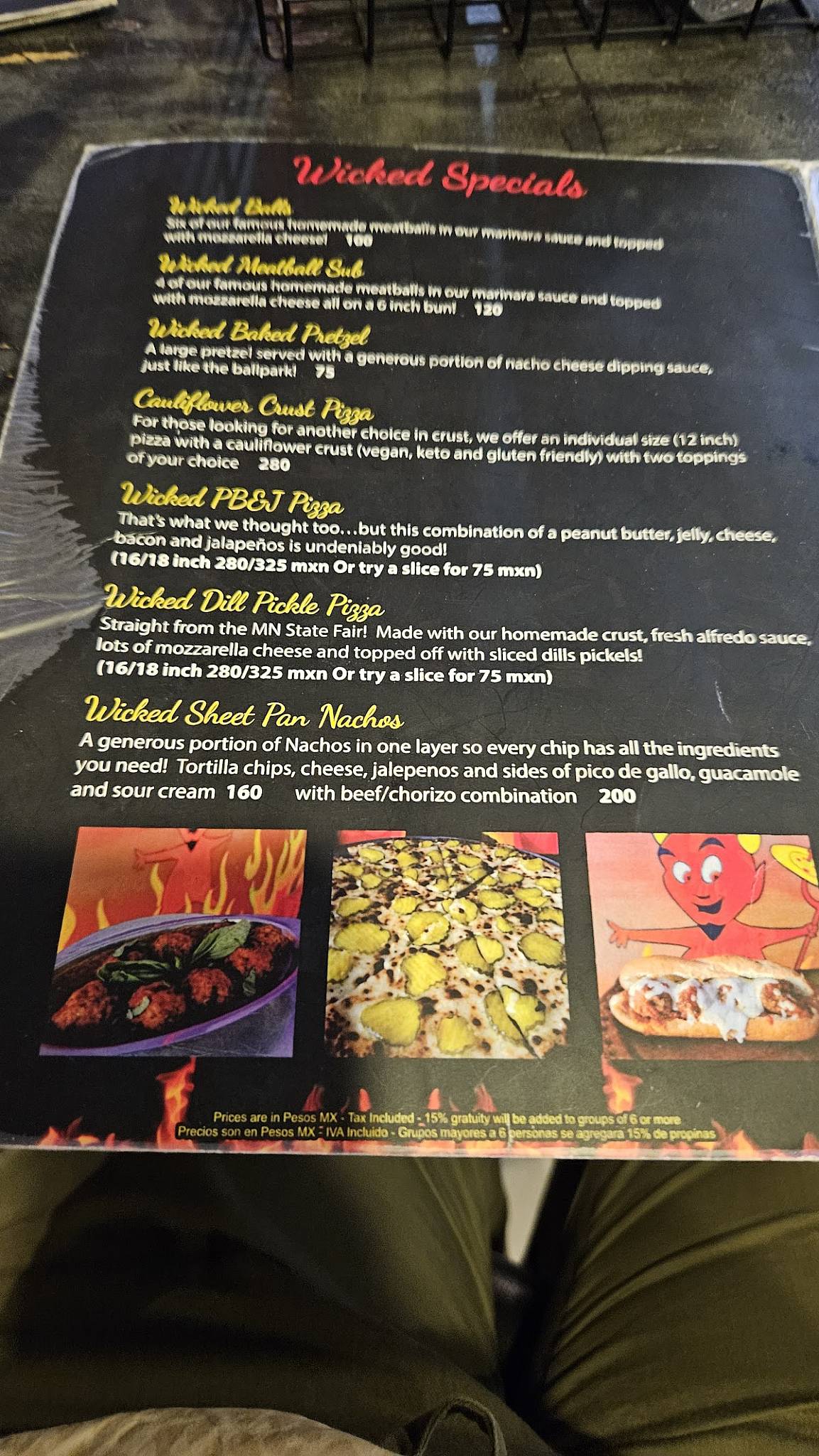 Menu at Wicked Pizza pizzeria, Cabo San Lucas