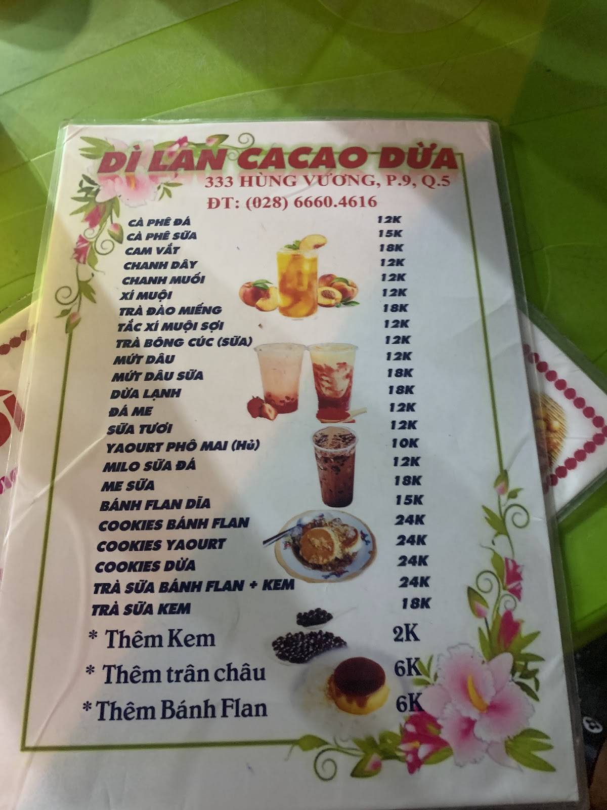 Menu at Cacao dừa Dì Lan restaurant, Ho Chi Minh City