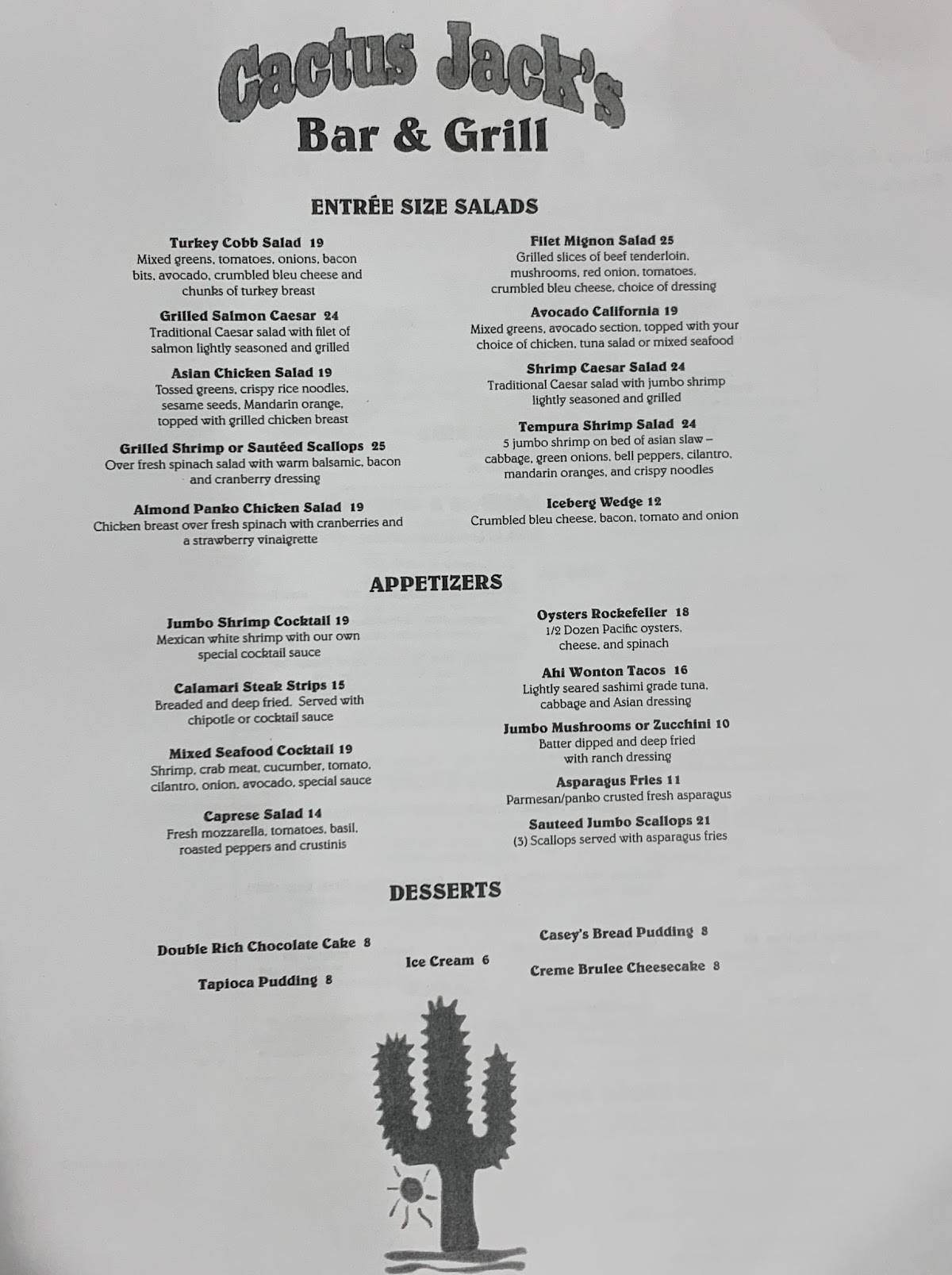 Menu at Cactus Jack's Bar & Grill, Palm Desert