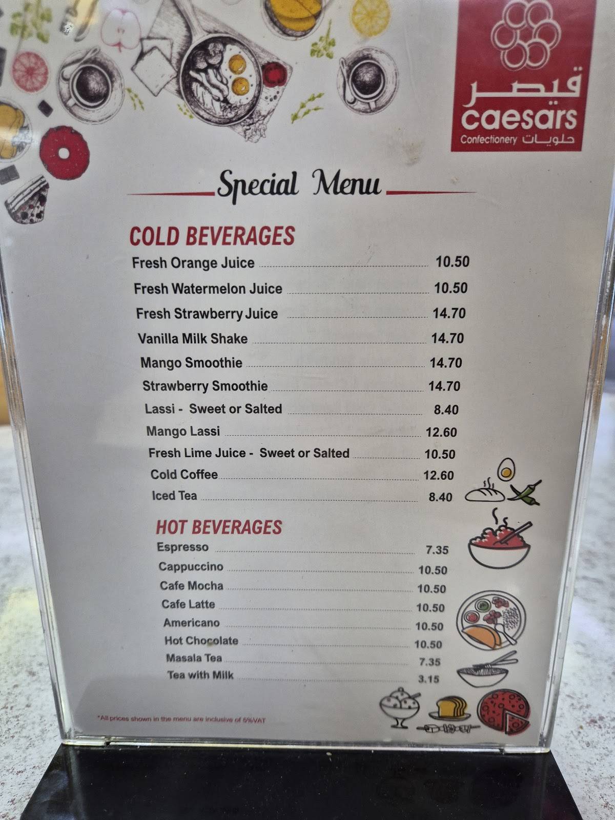 Menu at Caesars Confectionery restaurant, Dubai, Al Nakheel Building