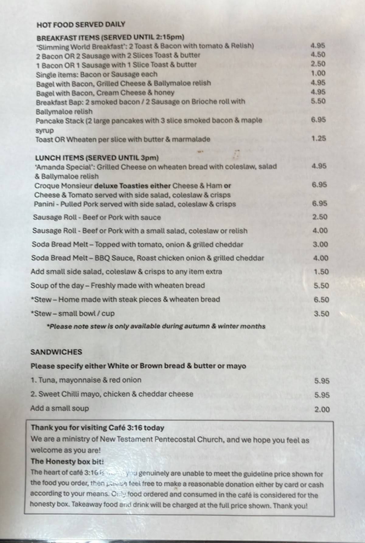 Menu at Cafe 3:16 and Bookstore, Ballynahinch