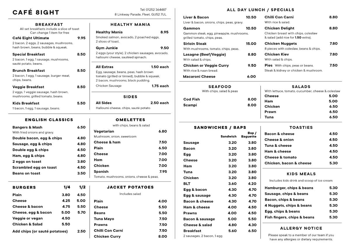 Menu at Café 8ight cafe, Fleet