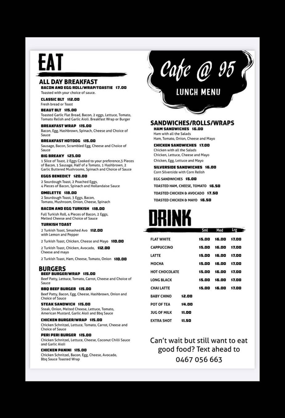 Menu at Cafe @ 95, Pialba