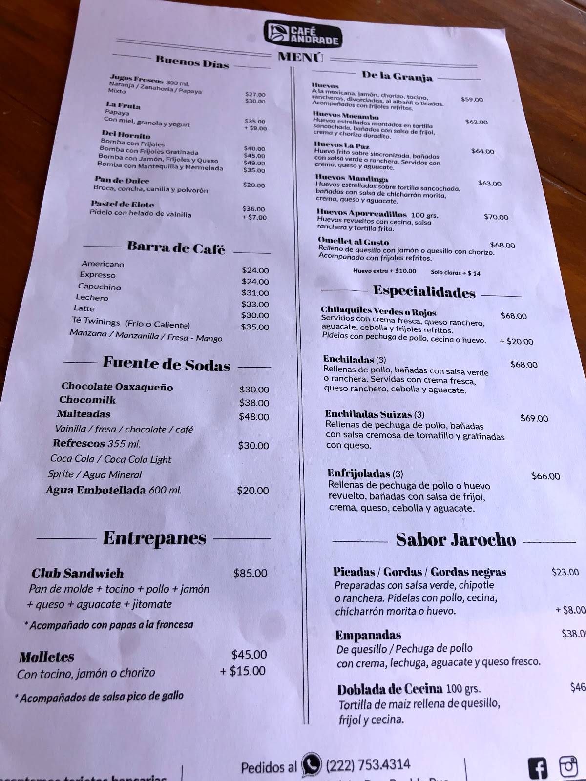 Carta de Café Andrade Puebla, Heroica Puebla de Zaragoza