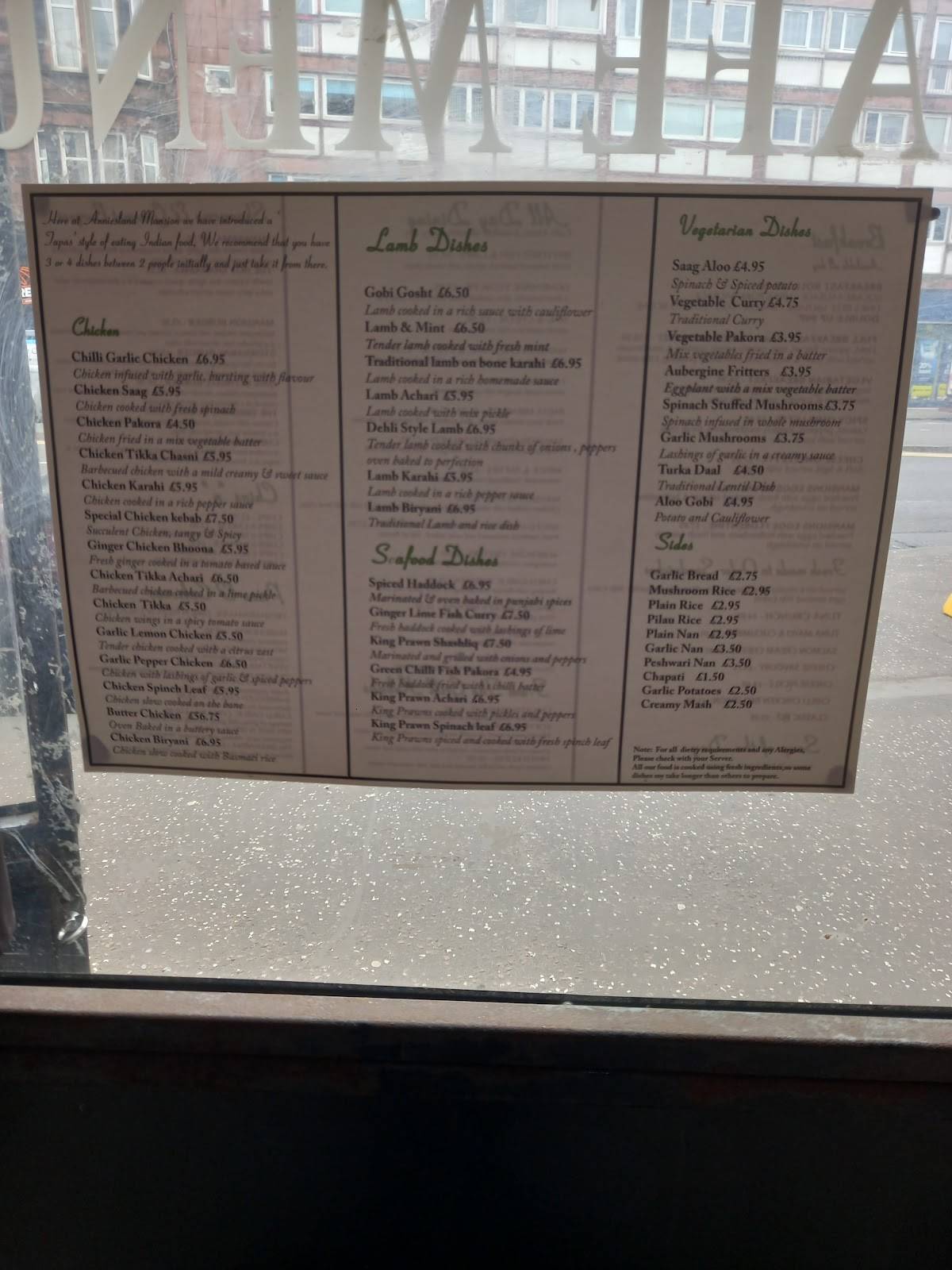 Menu at The Mansion cafe, Glasgow