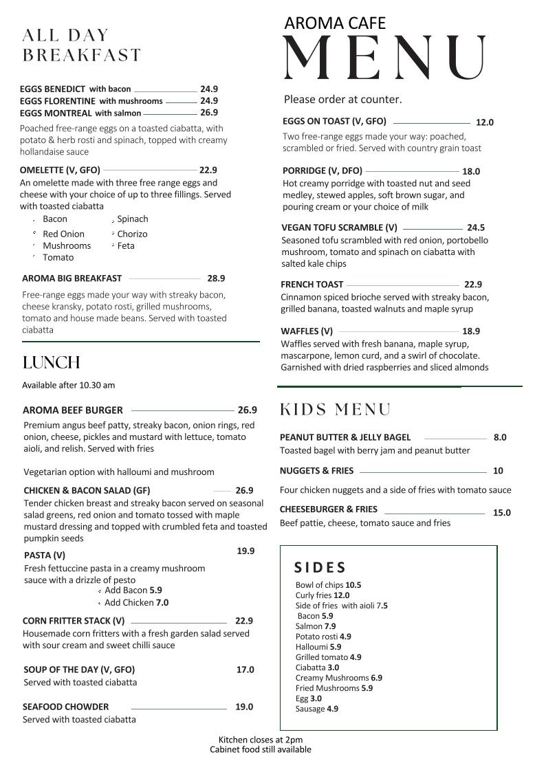 Menu at Aroma Cafe, Rotorua