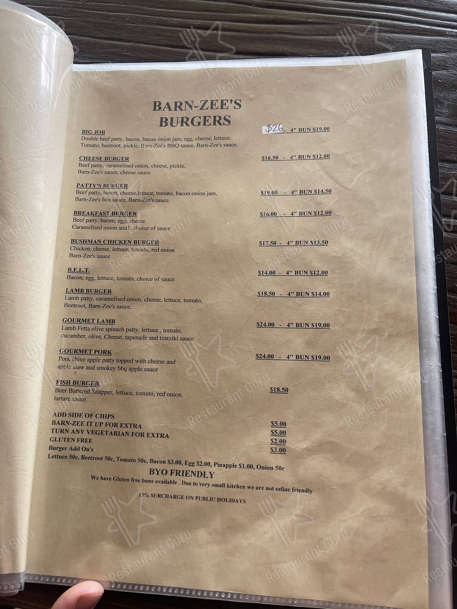 Menu at Barn-Zee's Burgers & Barista, Collie
