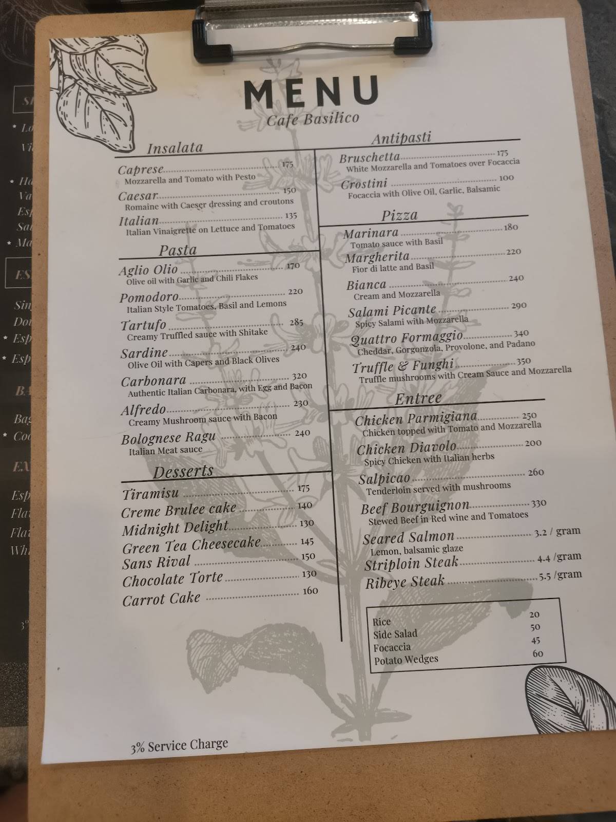 Carta de Cafe Basilico, Dávao