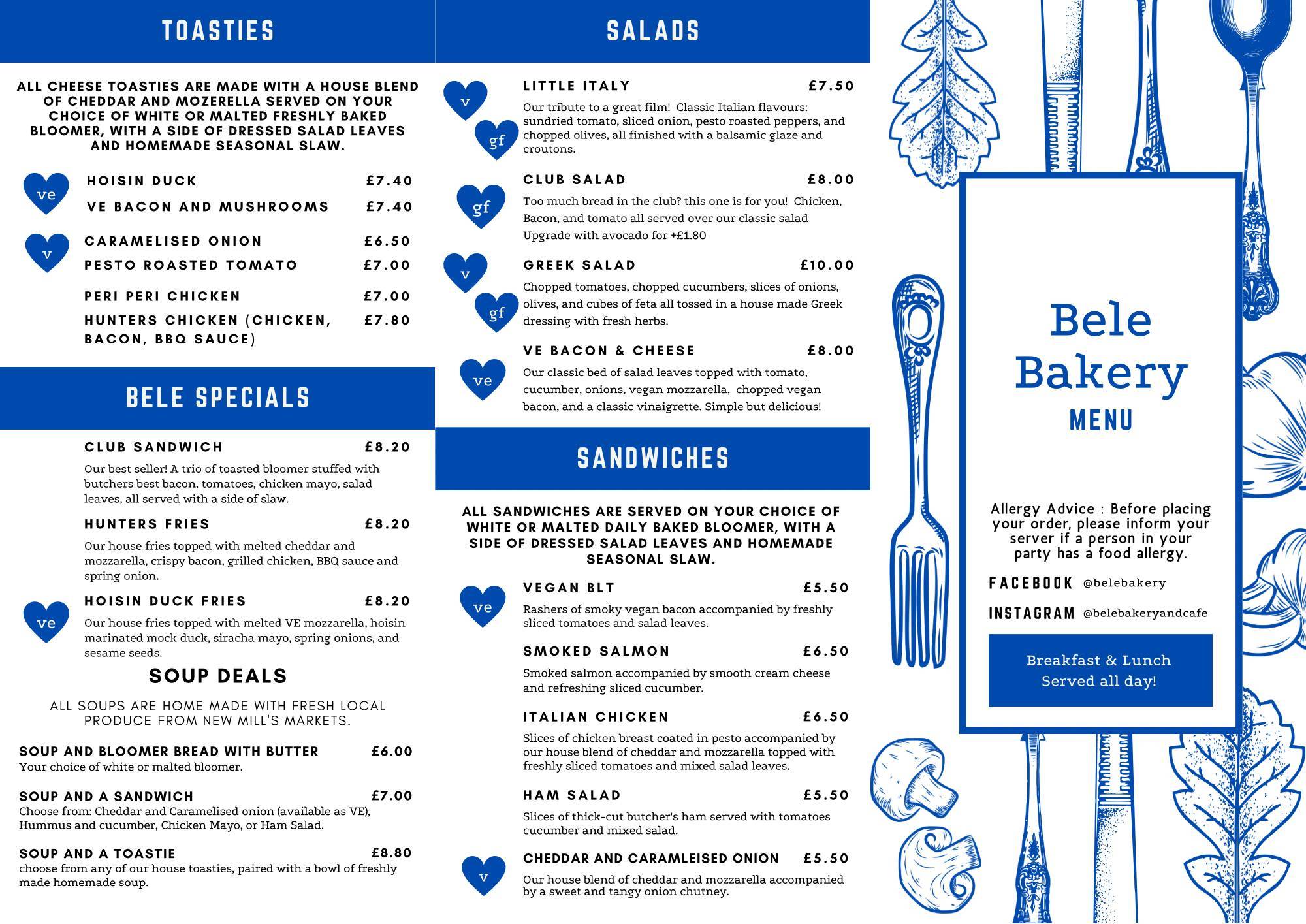 Carta de Bele Bakery and cafe, New Mills