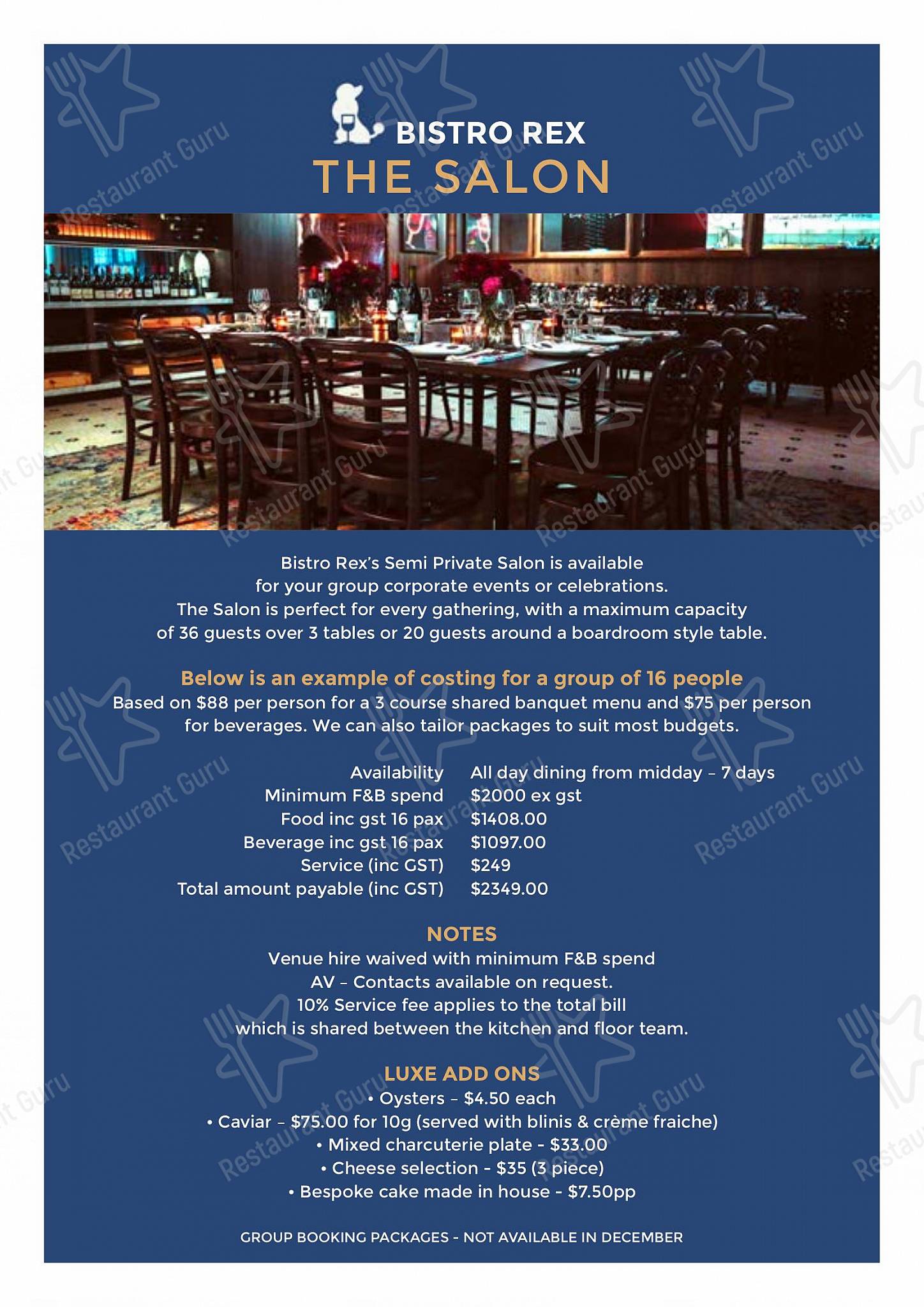Menu at Bistro Rex Restaurant, Potts Point