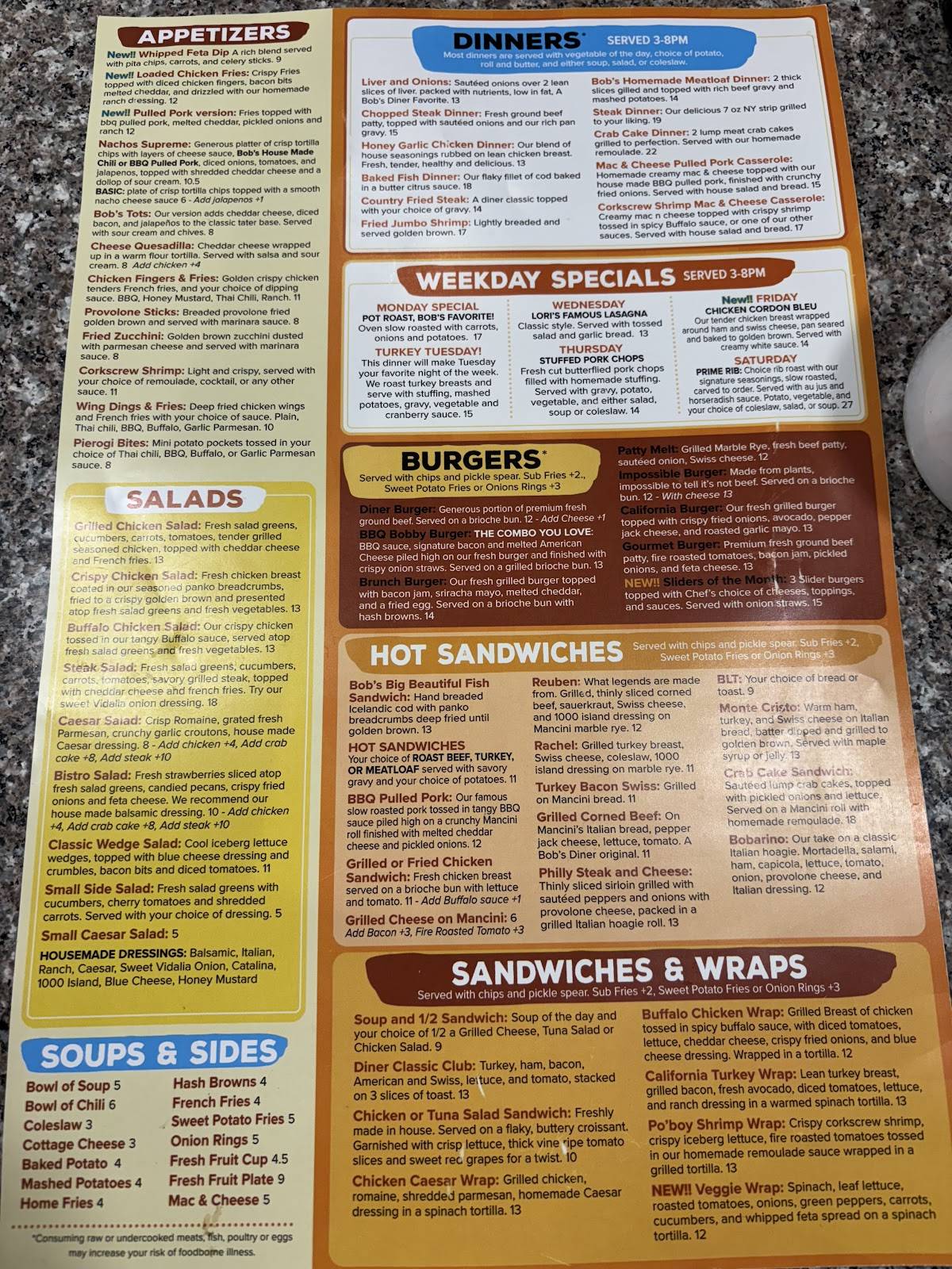 Menu at Bob's Diner cafe, McKees Rocks, McKees Rocks Rd
