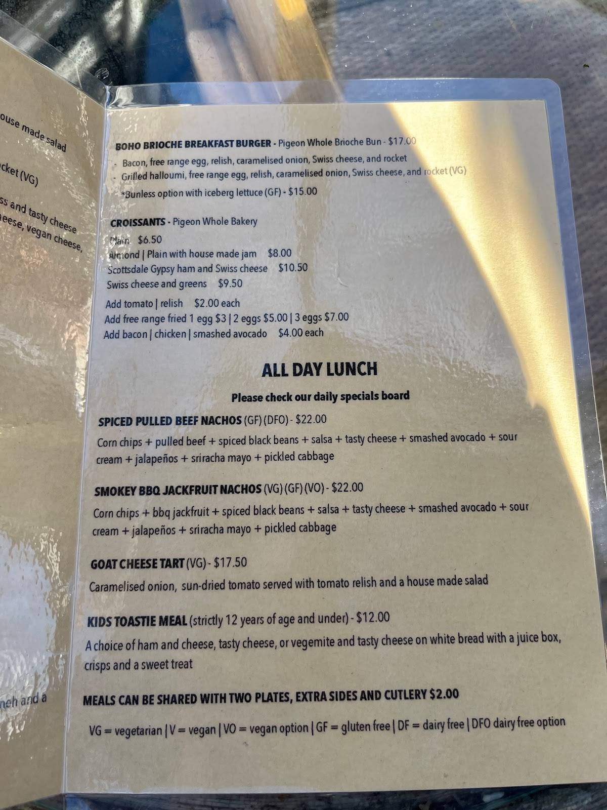 Menu at Boho At The Beach cafe, Kingston Beach