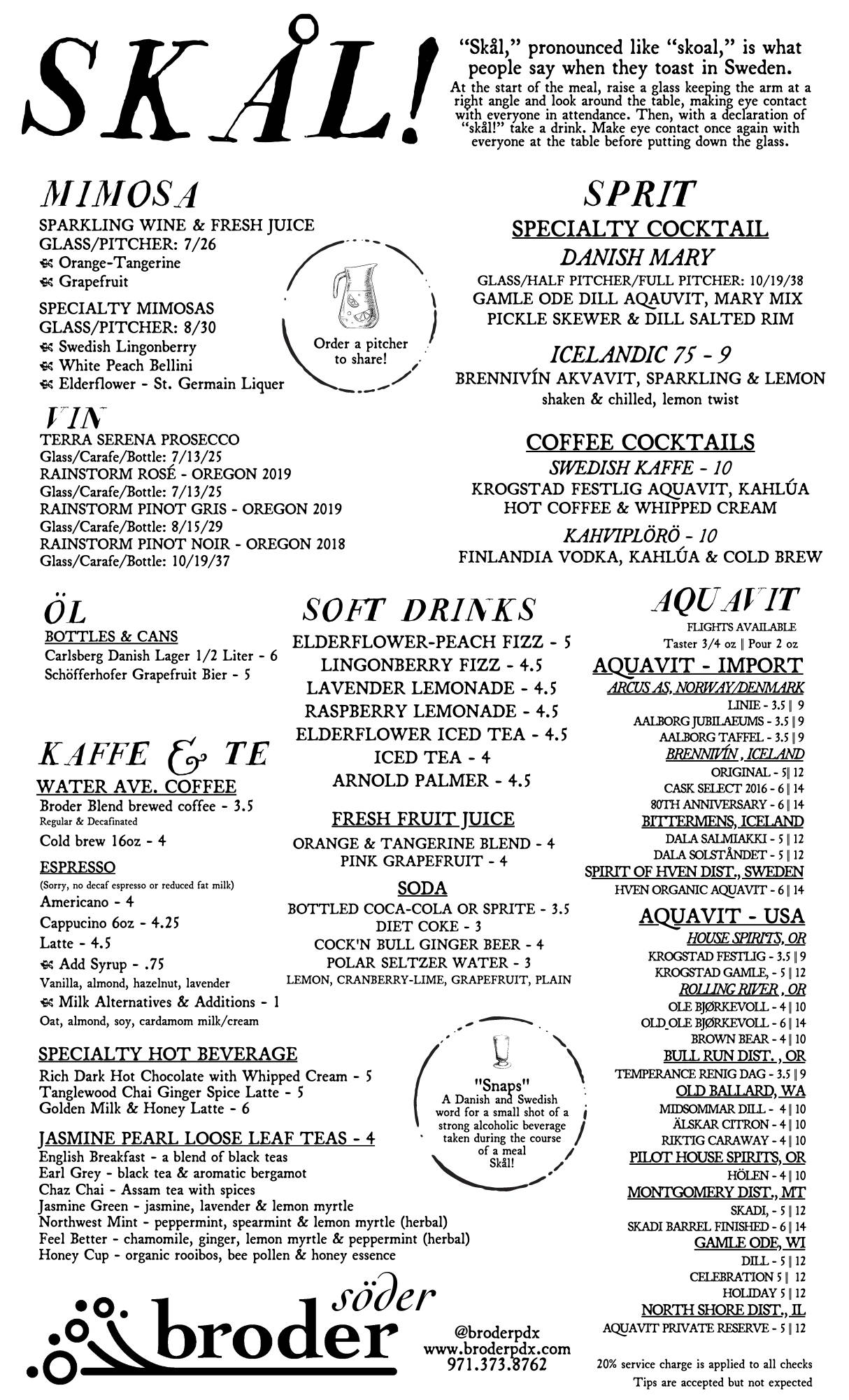Menu at Broder Söder cafe, Portland, SW Oleson Rd