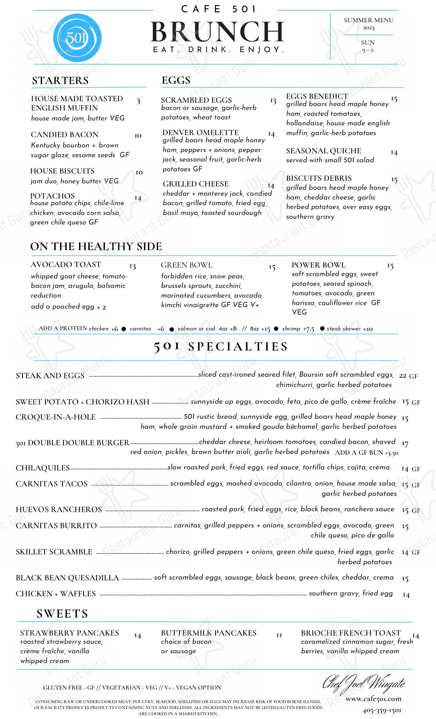 Menu at Cafe 501, Edmond, 501 S Blvd