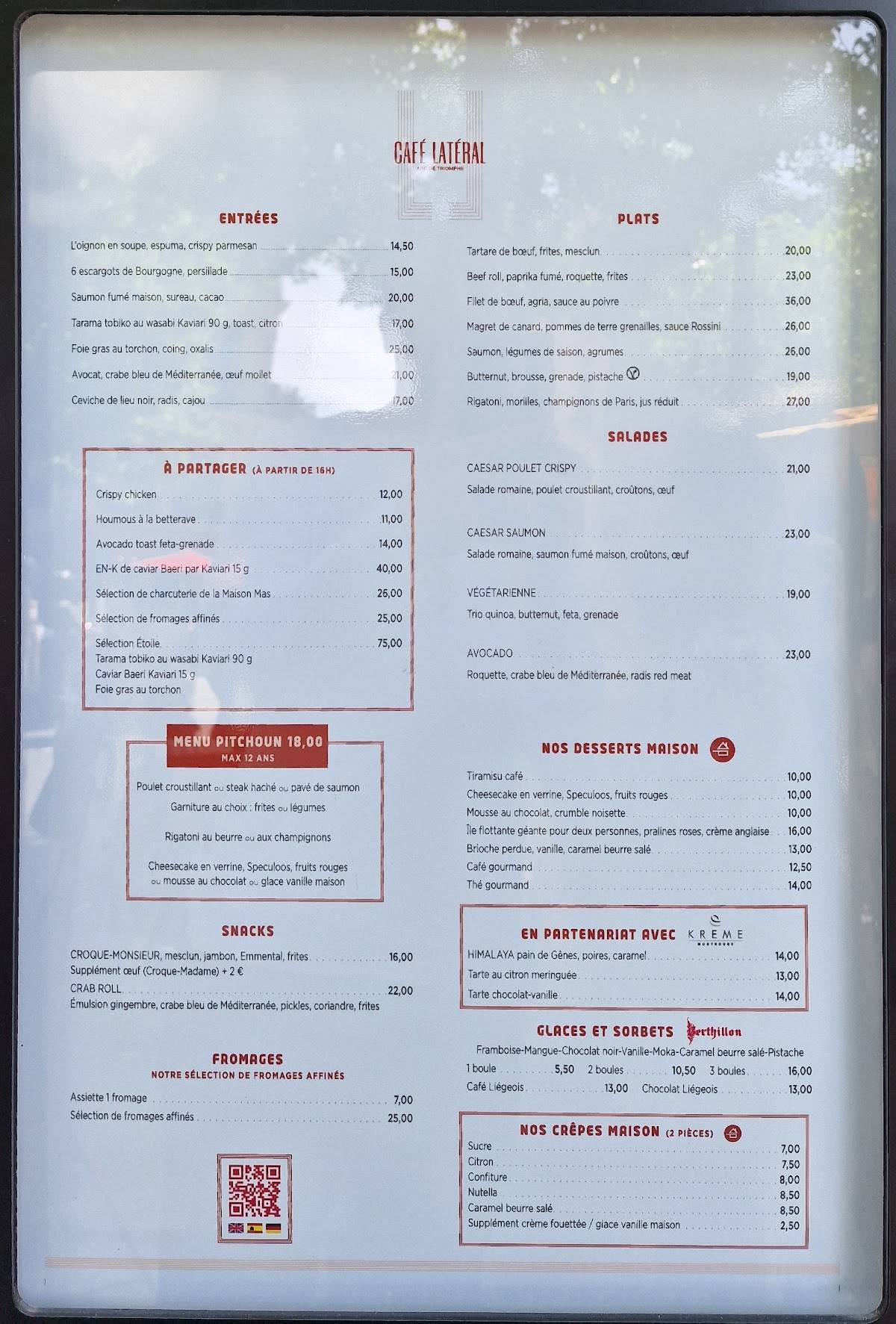 Menu at Café Latéral, Paris