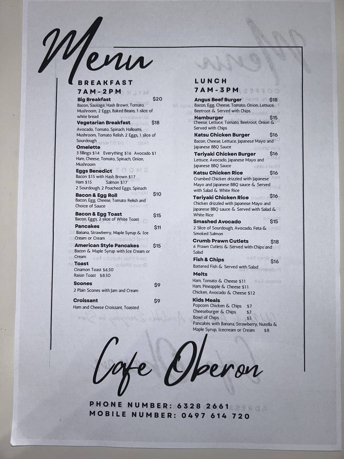 Menu at Cafe Oberon, Oberon