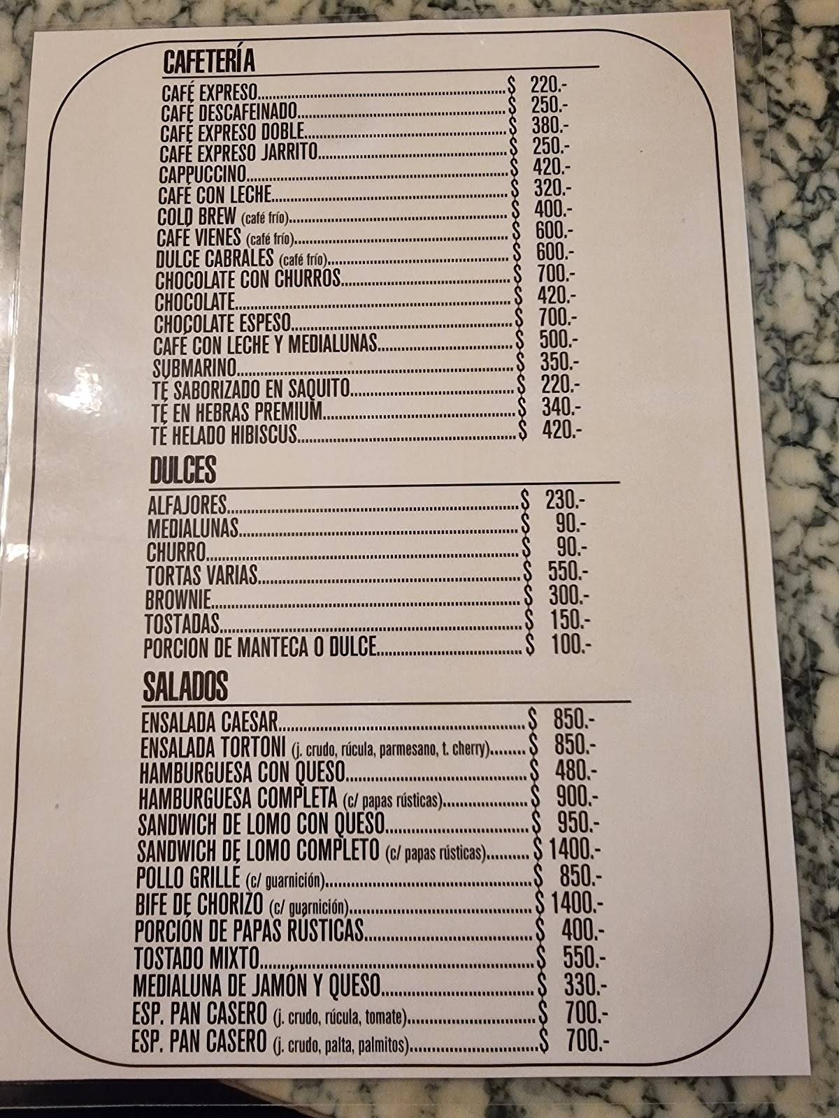 Menu at Café Tortoni, Buenos Aires, Av. de Mayo 825