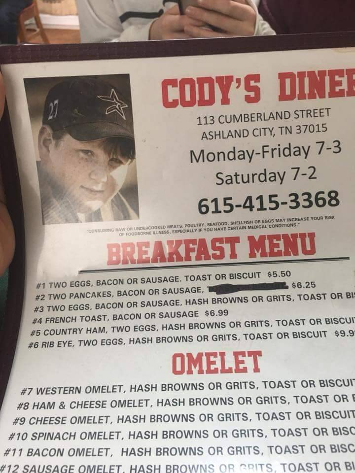 Menu at Cody's Diner cafe, Ashland City