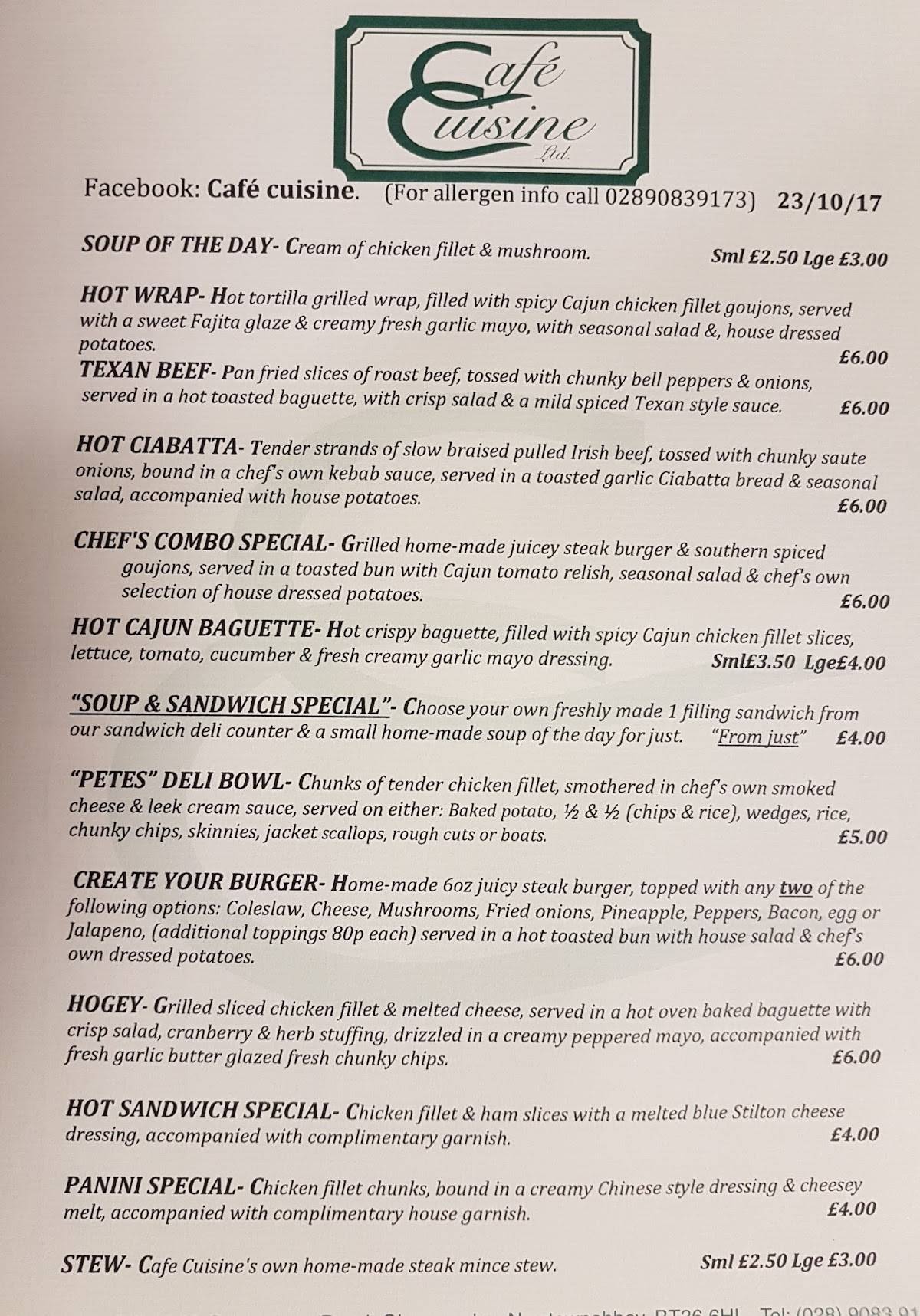 Menu at Cafe Cuisine, Glengormley, 21 Carnmoney Rd