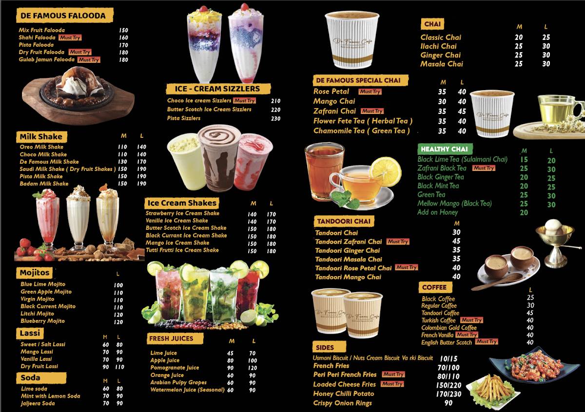 Menu at De Famous Cafe, Bengaluru