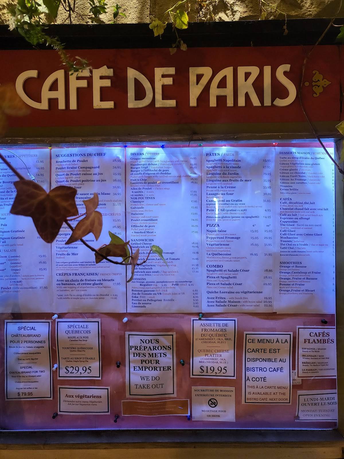 Menu au Café de Paris, Québec