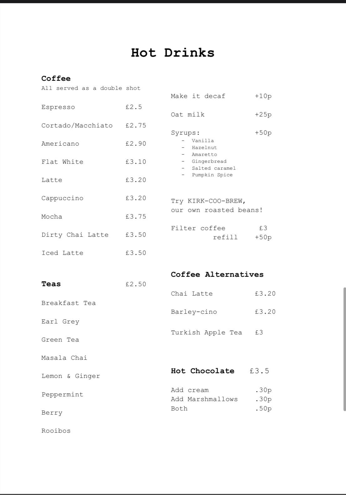 Menu at Feast Cafe, Kirkcudbright