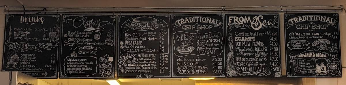 Menu at Fish & Chips Aberaeron Llond Plât cafe, Aberaeron