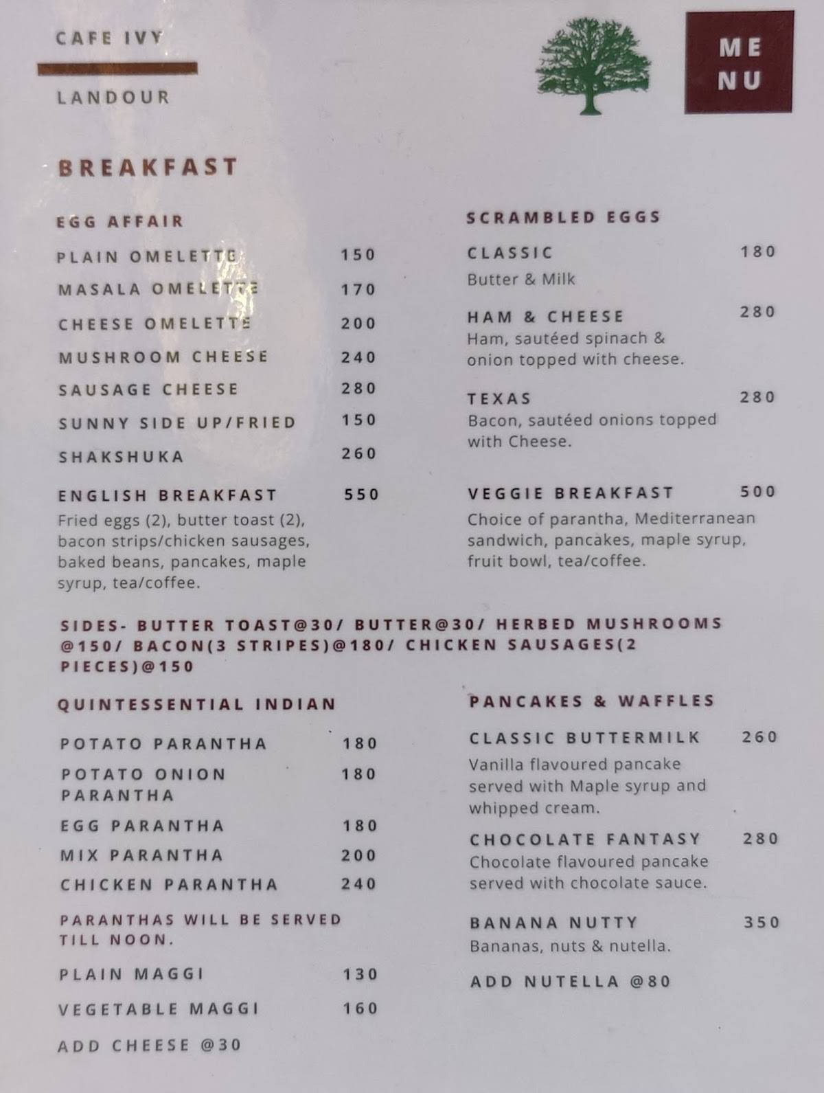 Menu at Cafe Ivy, Mussoorie
