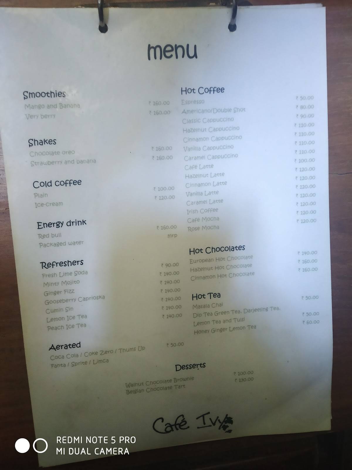 Menu at Cafe Ivy, Mussoorie