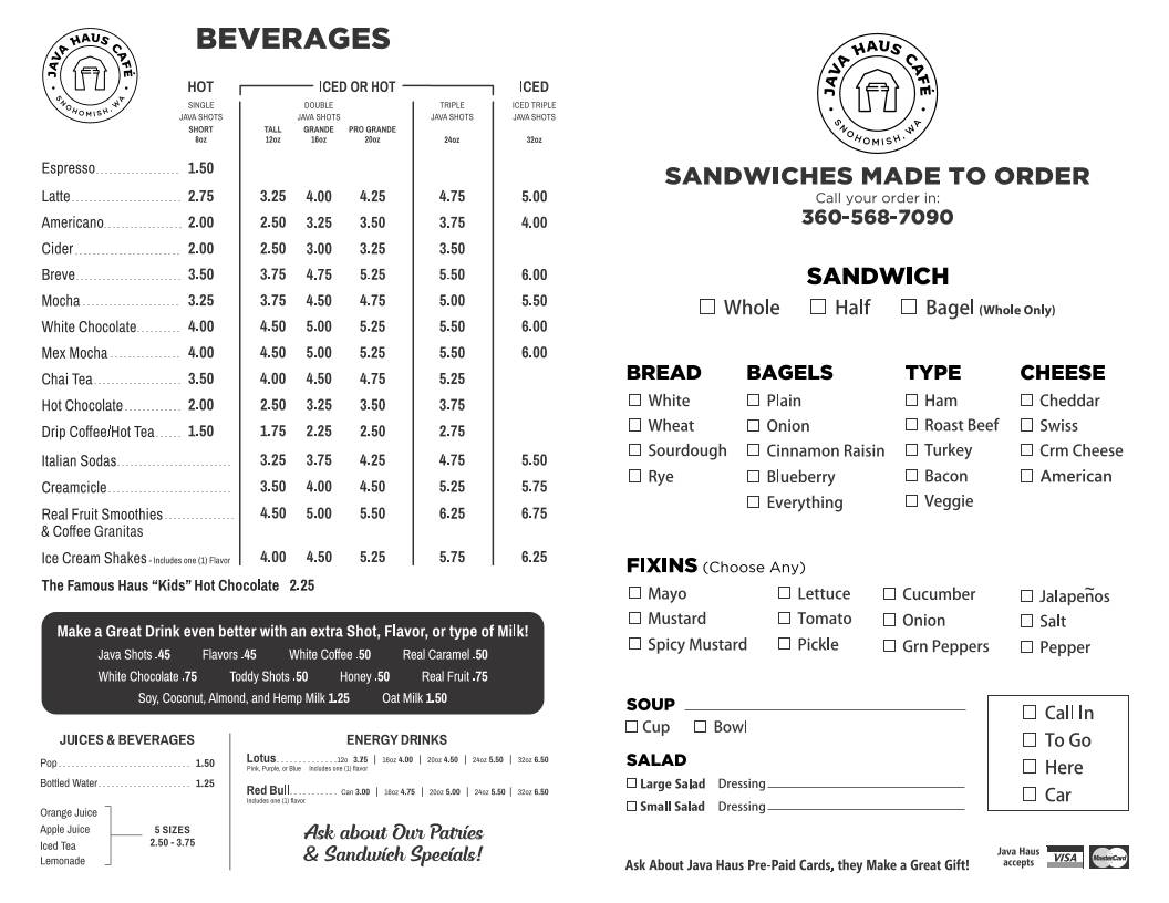 Menu at Java Haus Cafe, Snohomish