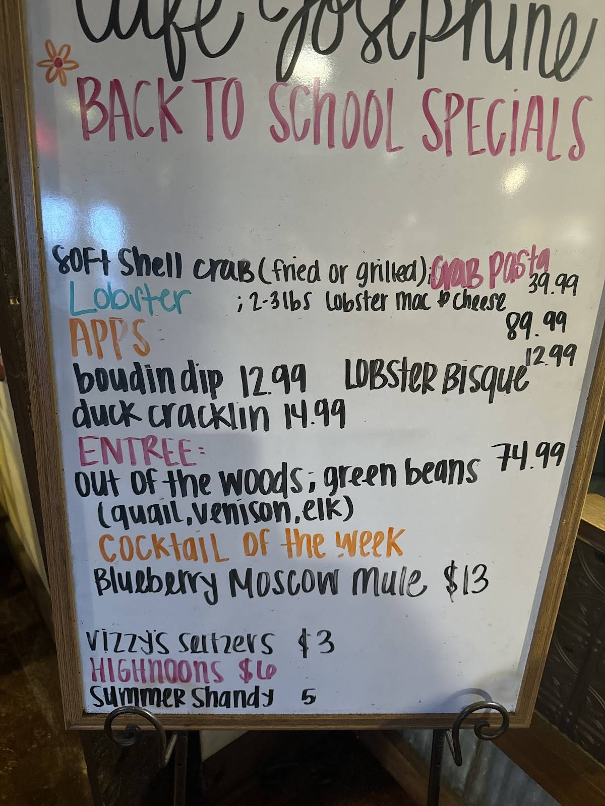 Menu at Cafe Josephine, Sunset