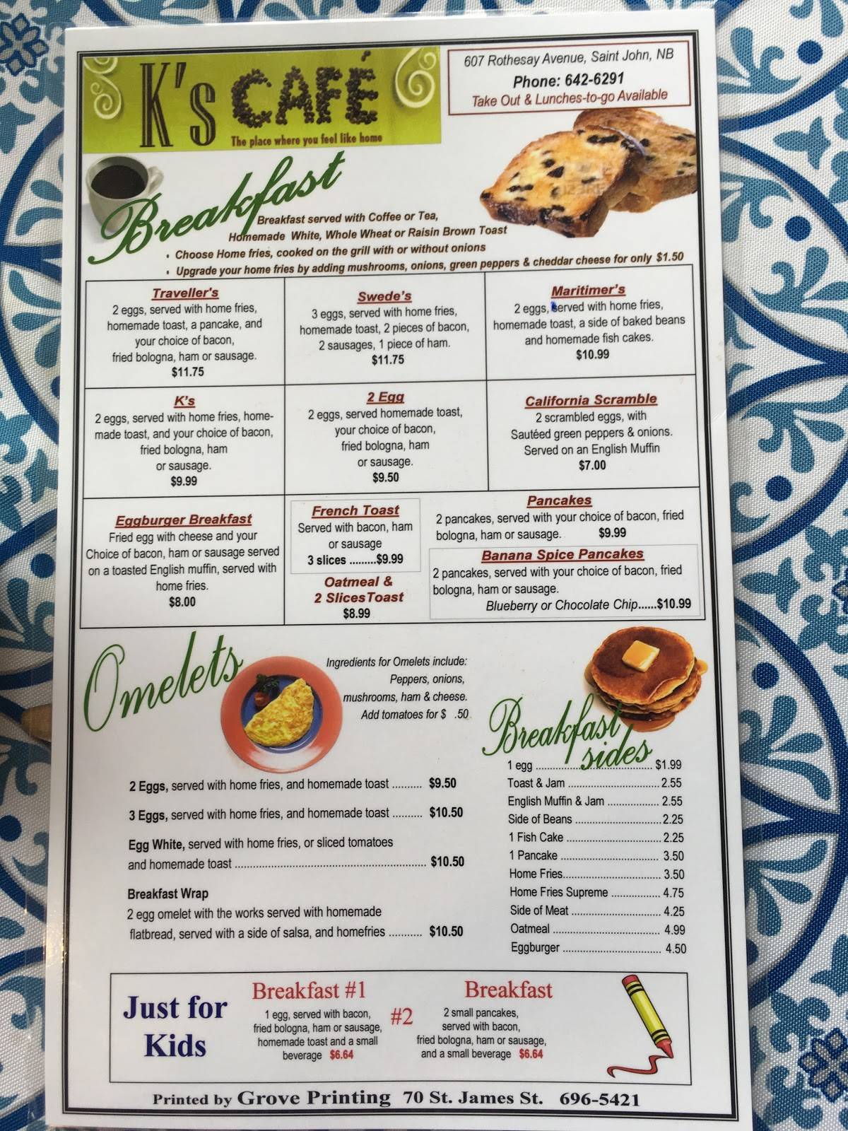 Menu at K's East Side Cafe, Saint John