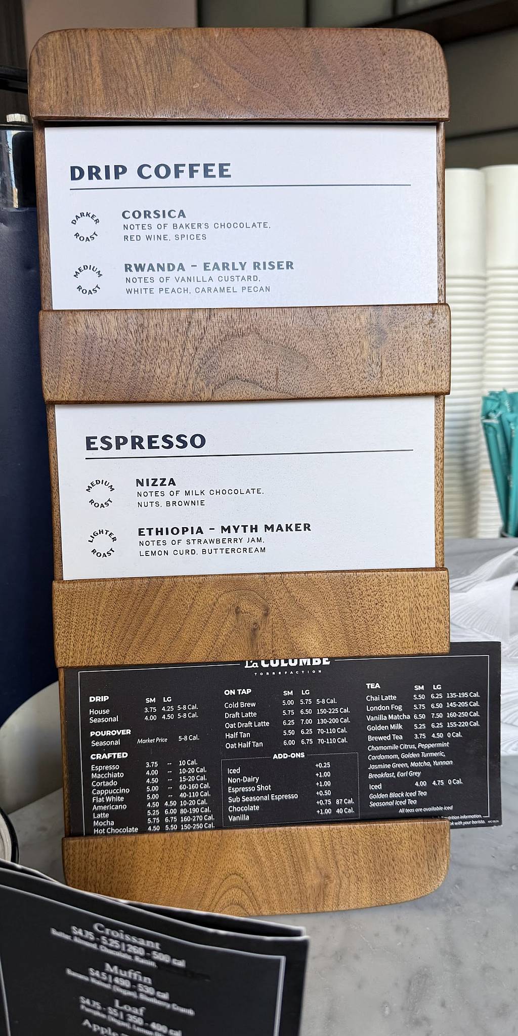 Menu at La Colombe Coffee Workshop cafe, New York City, 270 Lafayette St