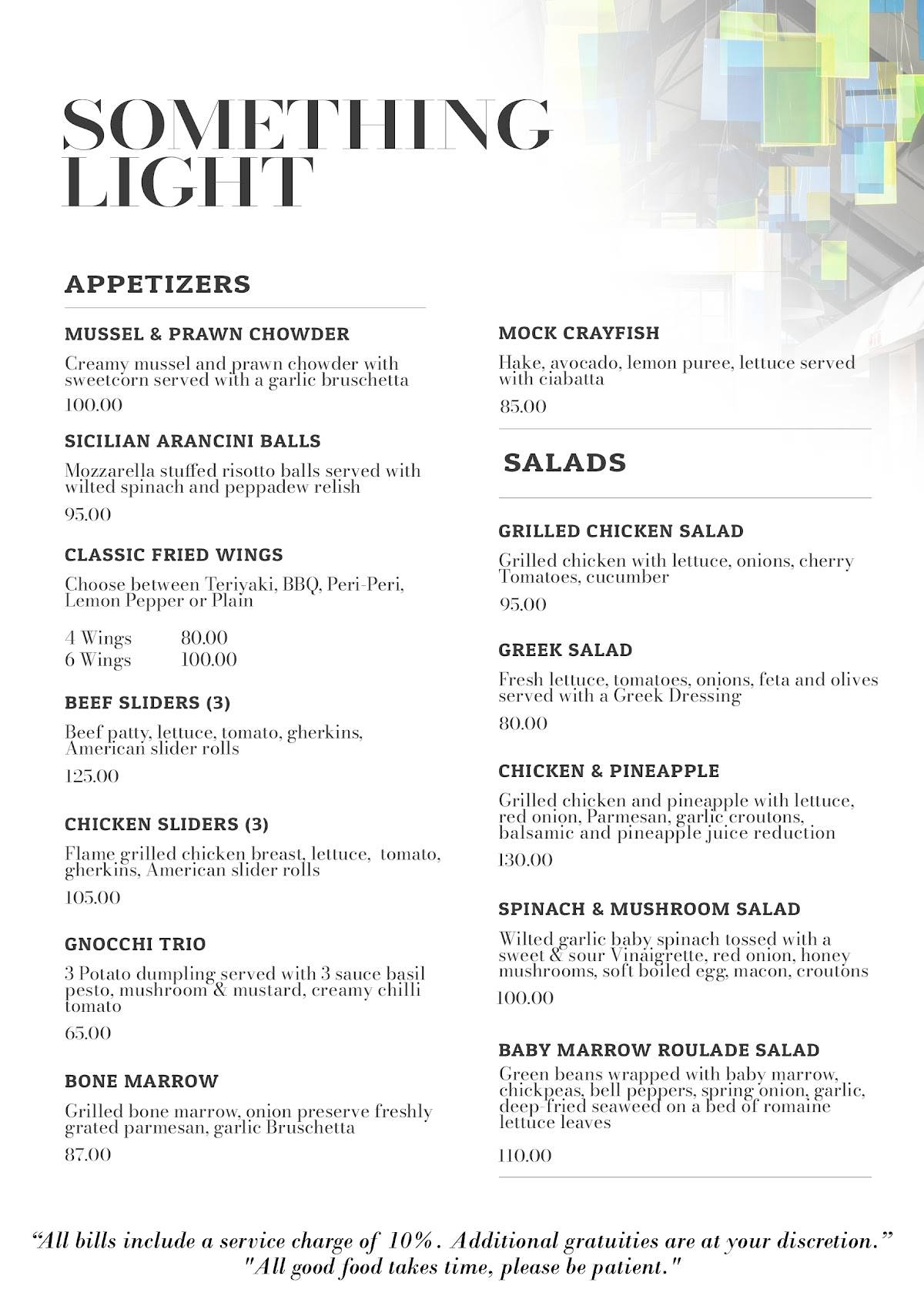 Menu at Café La Mare restaurant, Port Elizabeth