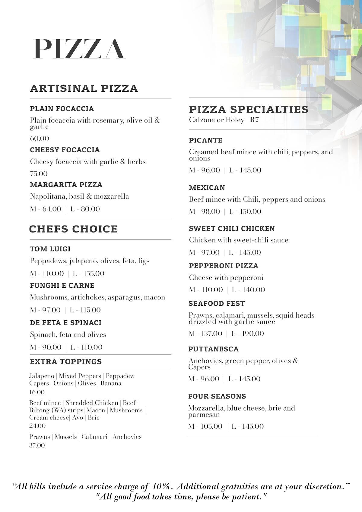 Menu at Café La Mare restaurant, Port Elizabeth