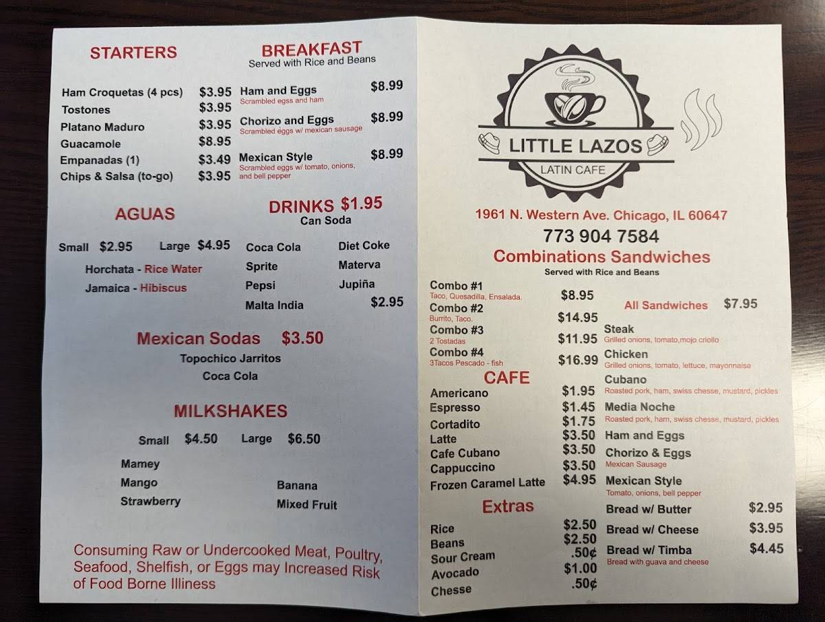 Menu at Little Lazo's Latin Cafe, Chicago