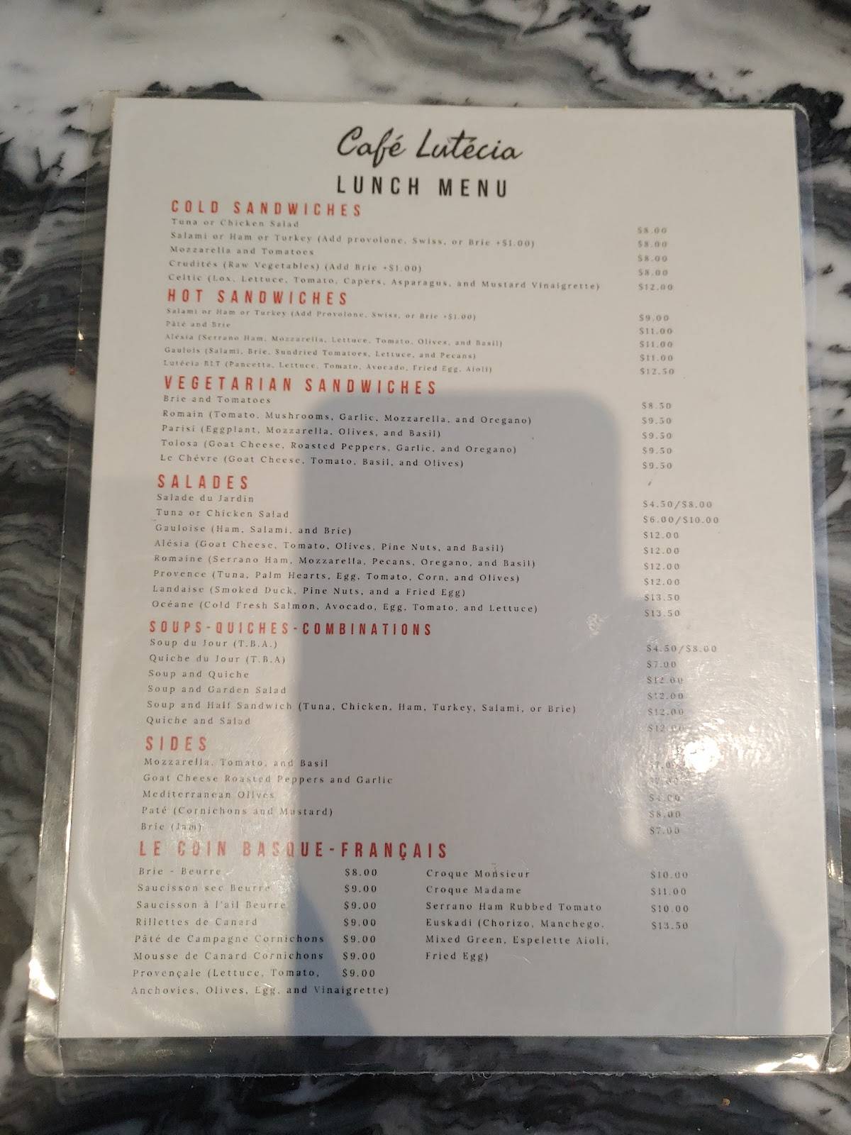 Menu at Café Lutécia restaurant, Philadelphia