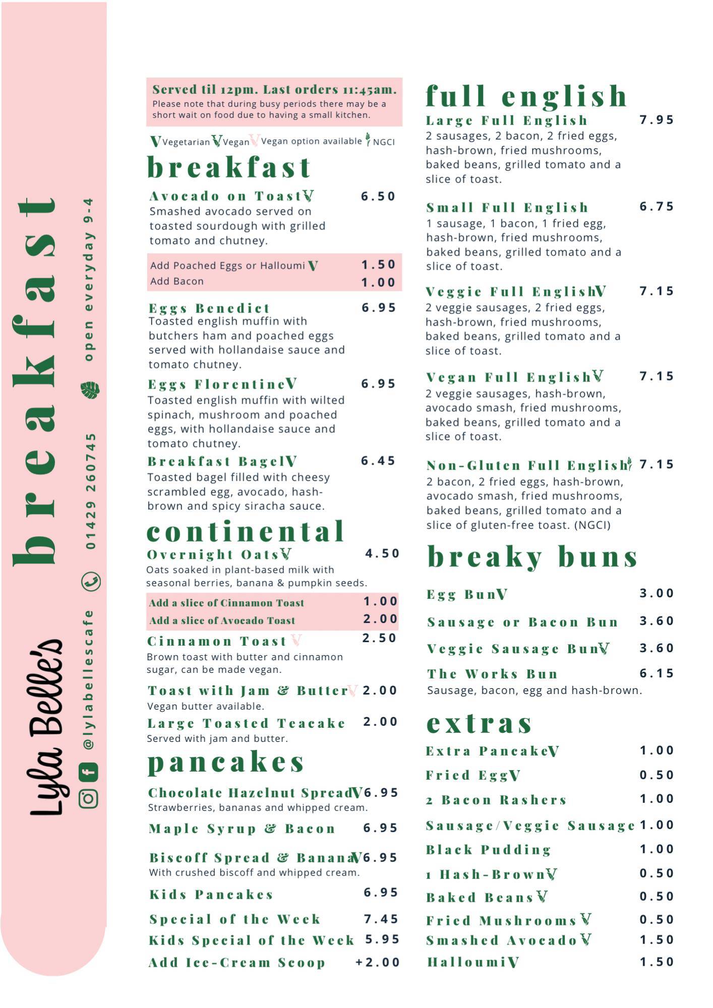 Menu at Lyla Belle's Cafe, Hartlepool