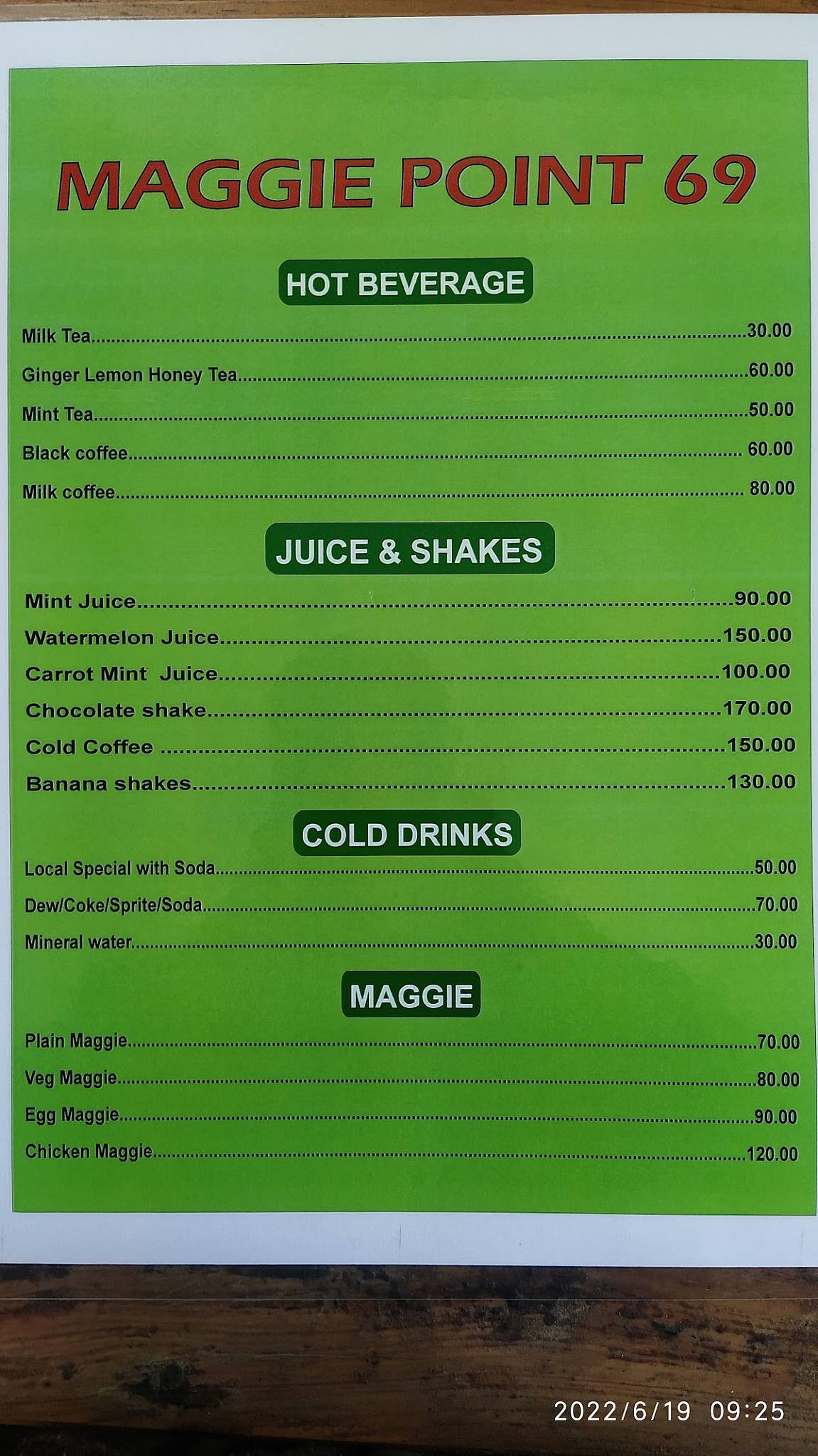 Menu at Maggi point69, Jibhi