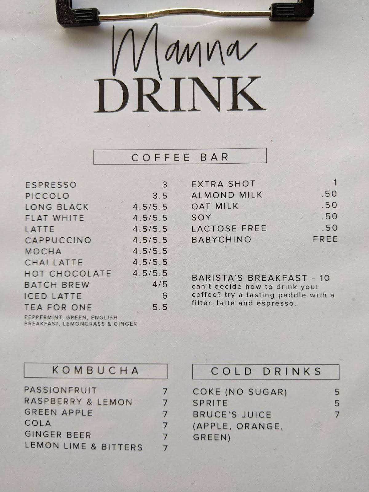 Menu at Manna McLaren Vale cafe, McLaren Vale