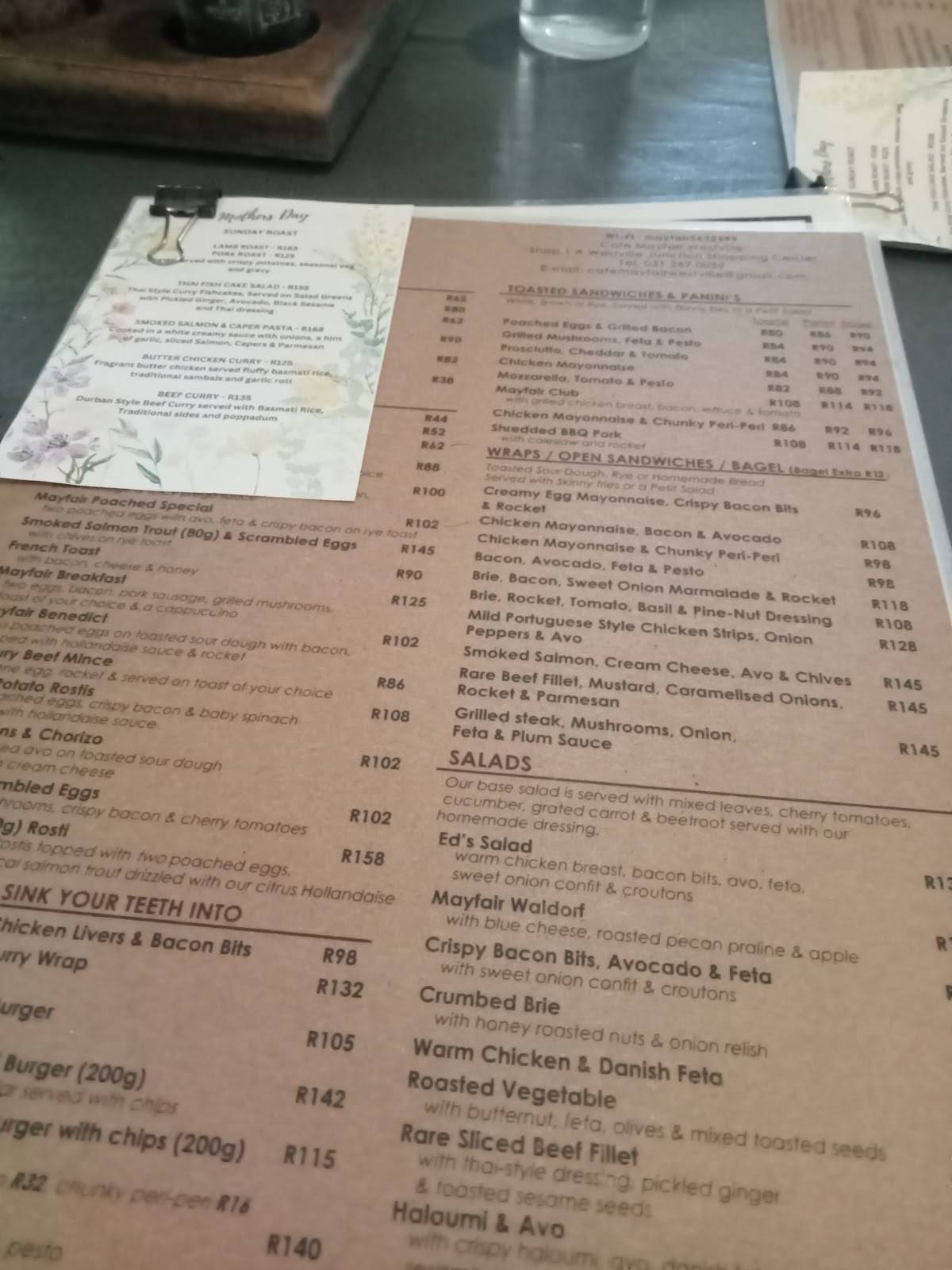 Menu at Cafe Mayfair, Durban, Shop 1A