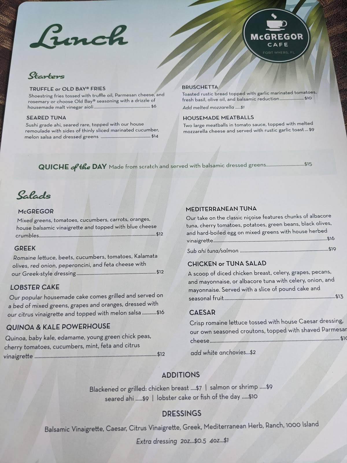 Menu at McGregor Cafe, Fort Myers, McGregor Blvd