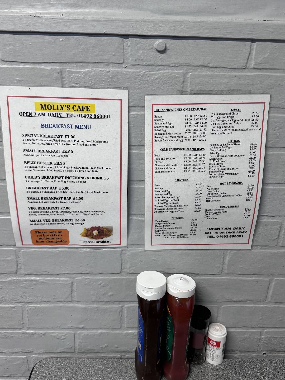 Menu at Molly's Cafe, Llandudno