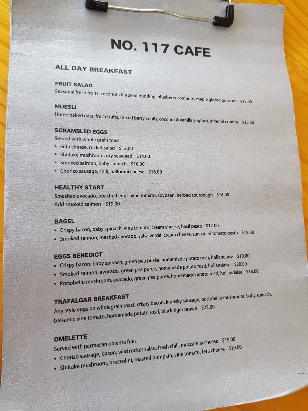 Menu at No. 117 Cafe, Auckland