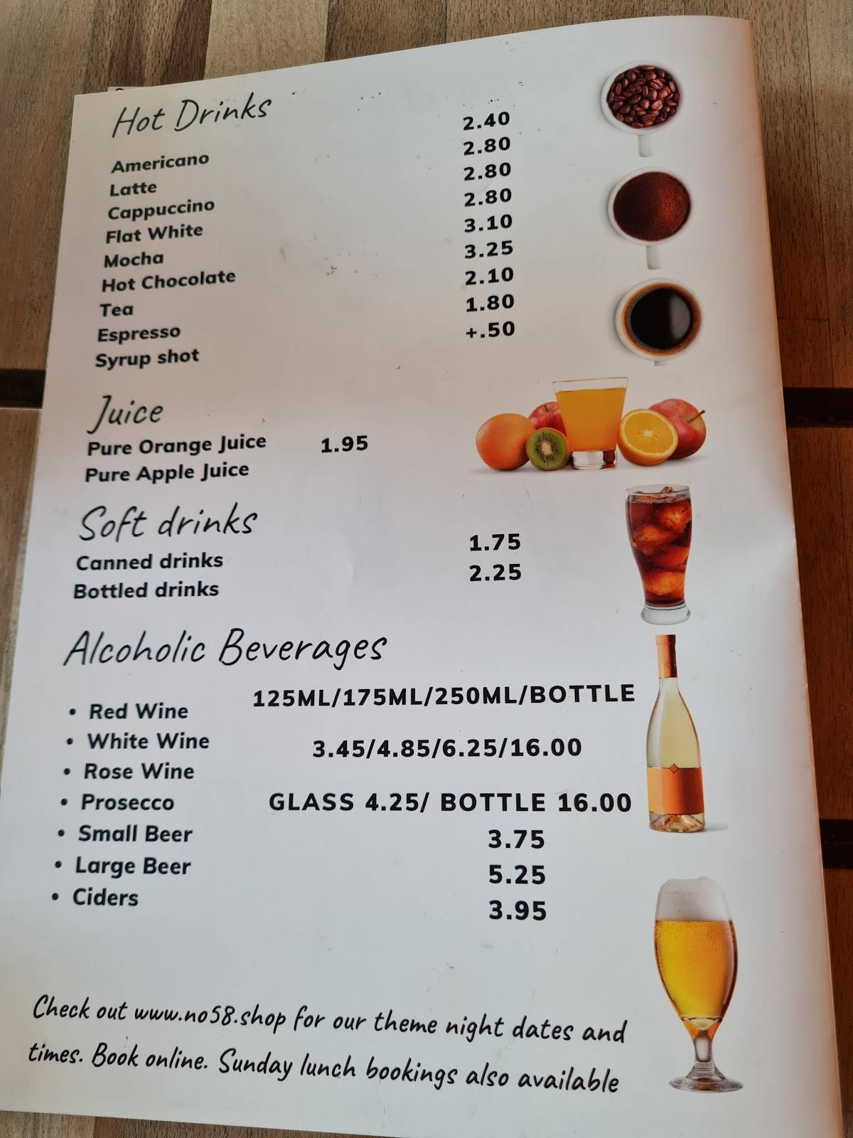 Menu at No.58 cafe, Nottingham