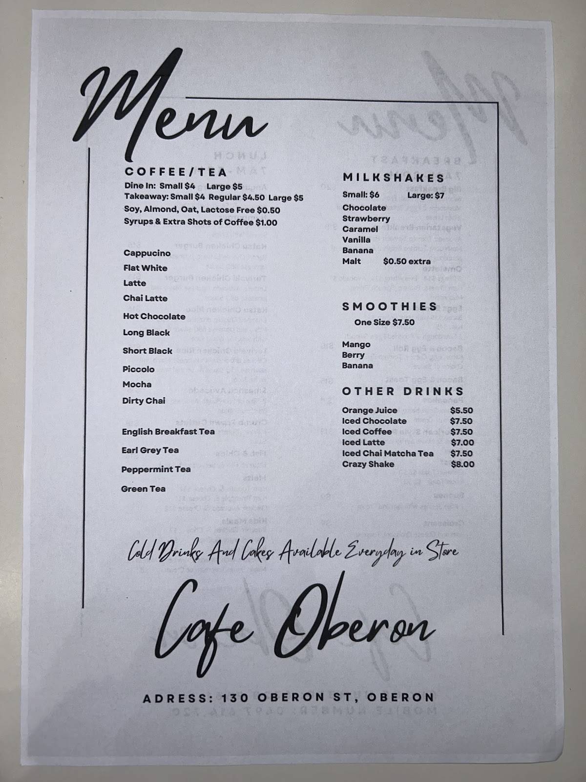 Menu at Cafe Oberon, Oberon