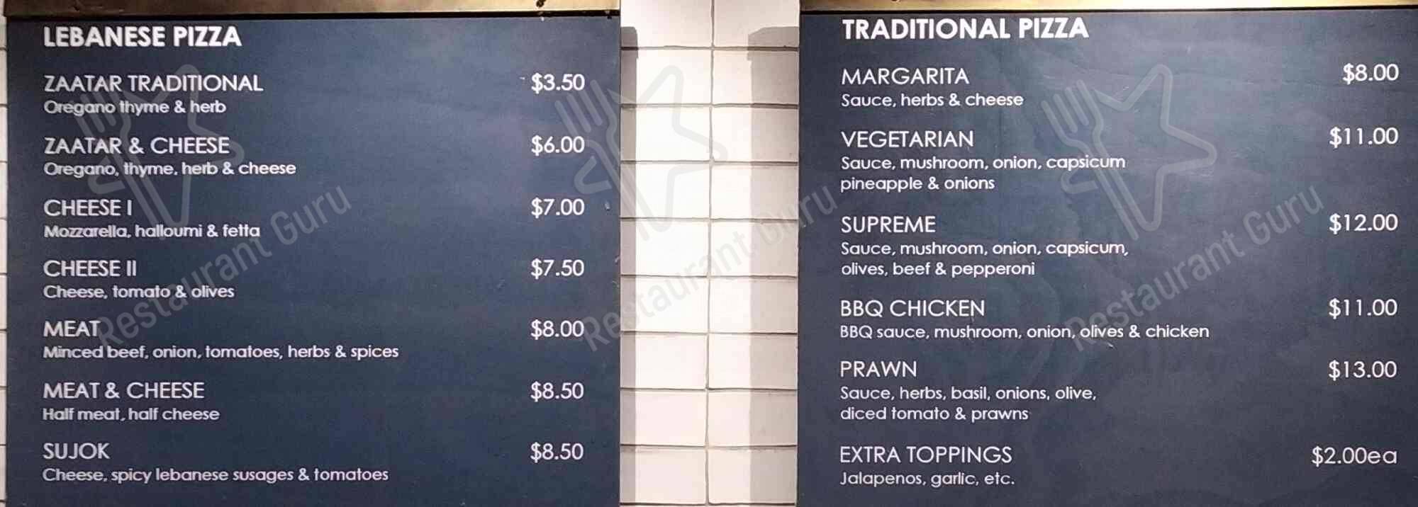 Menu at Ooosh Oregano Bakery, Mascot, Airport Dr