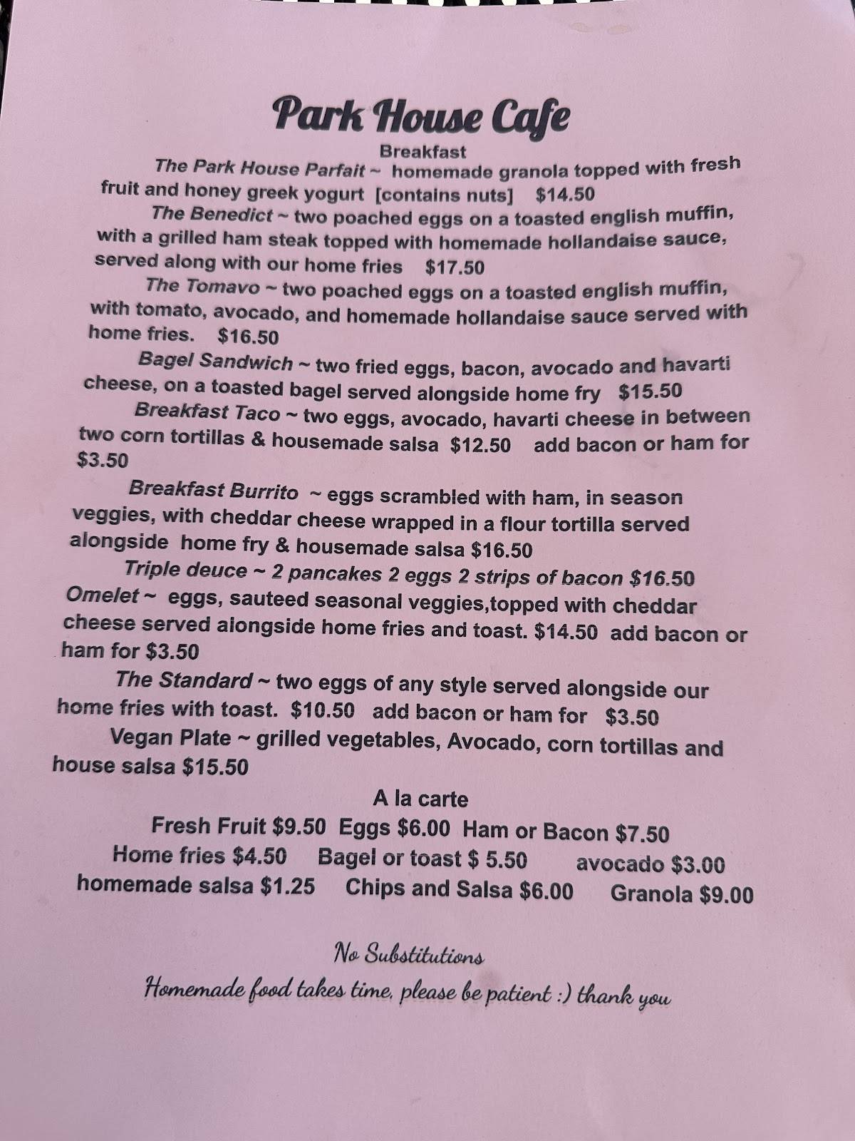 Menu at Park House Café cafe, East Toowoomba, 92 Margaret St