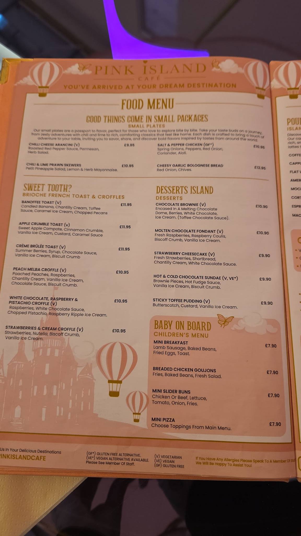 Menu at Pink Island Cafe, Stockport